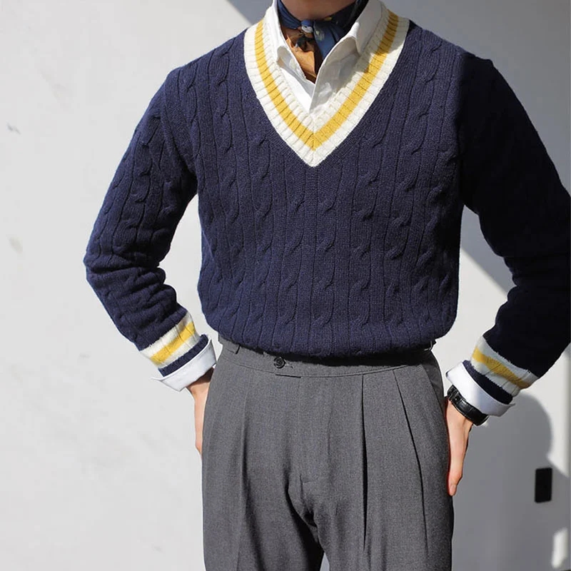 Retro Gentleman Simple Contrast Color V-neck Sweater