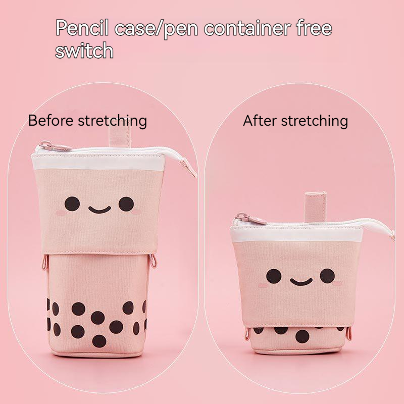 Korean creative cute milk tea drop-down pen bag can stand retractable ...