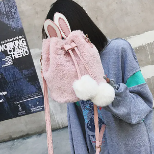 Women Cute Rabbit Fluffy Bucket Bag String Crossbody Bag